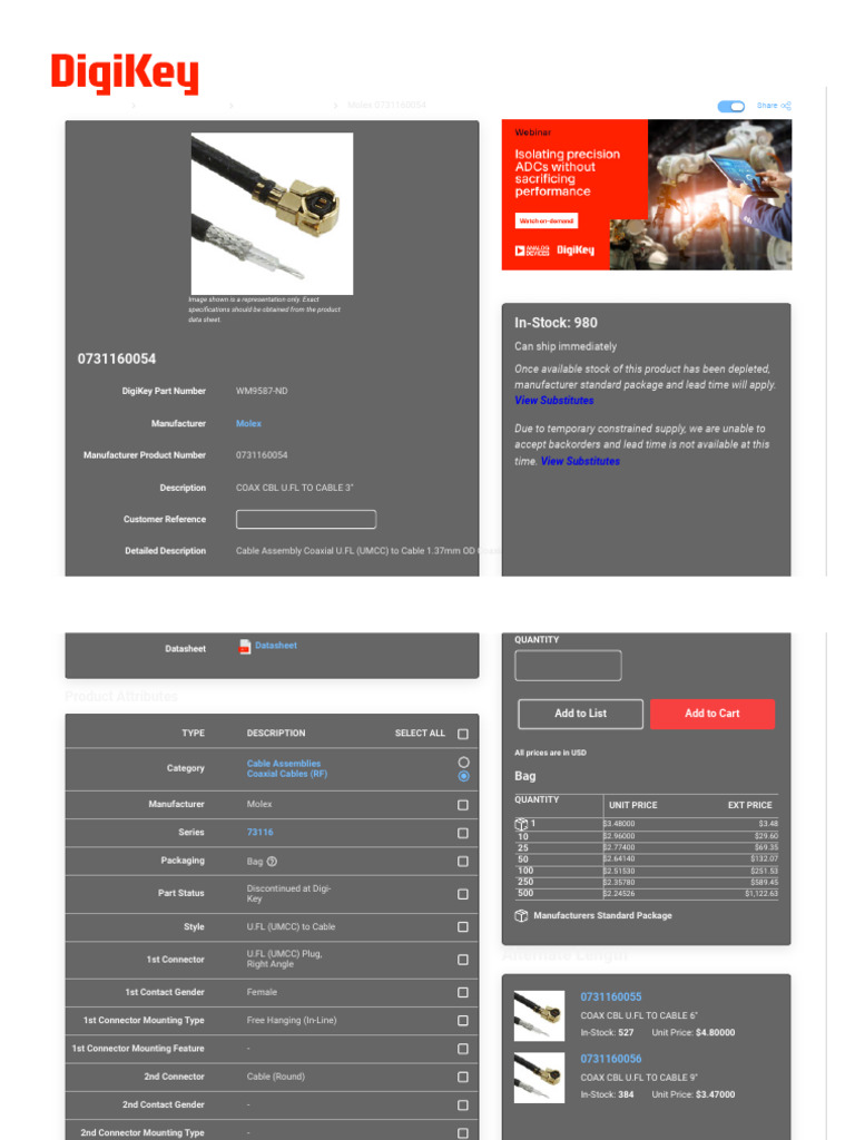 Molex - Cable Assemblies - DigiKey | PDF | Coaxial Cable | Electrical ...