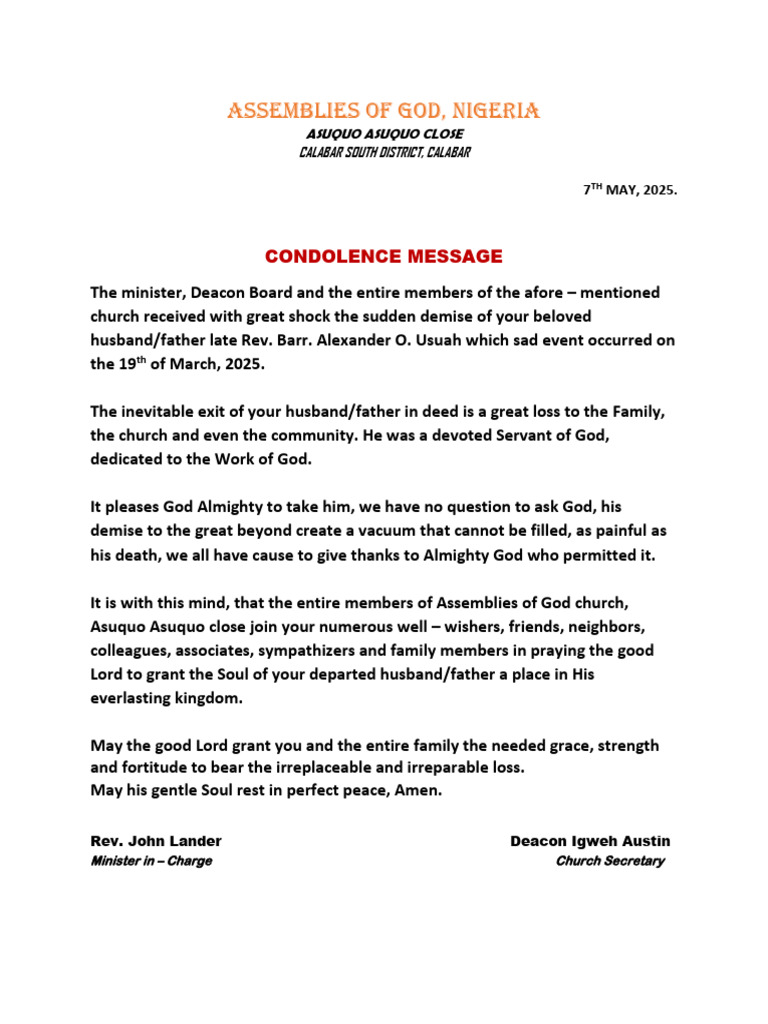 Condolence for Rev. Alexander Usuah | PDF