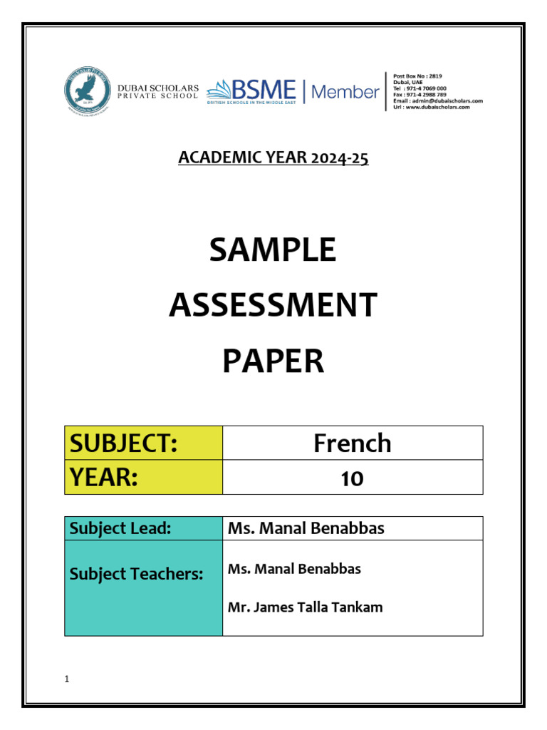 Year 10 French SAMPLE Assessment Paper AY2024 25 | PDF
