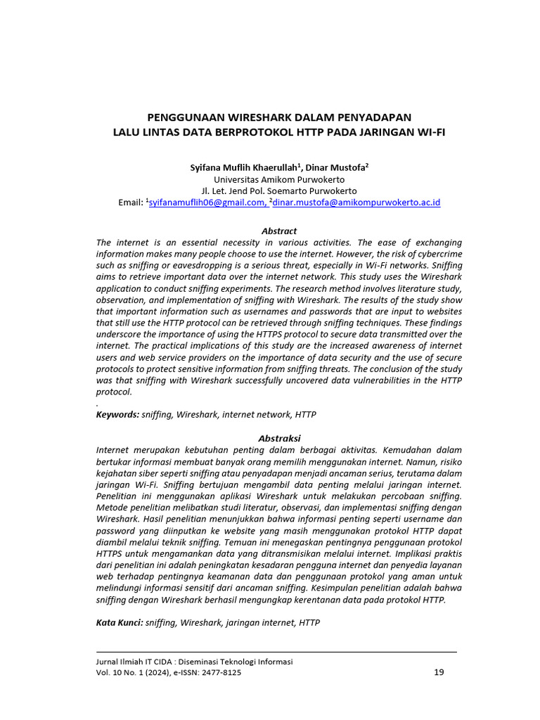 Penggunaan Wireshark Dalam Penyadapan Lalu Lintas Data Berprotokol HTTP Pada Jaringan Wi-Fi | PDF