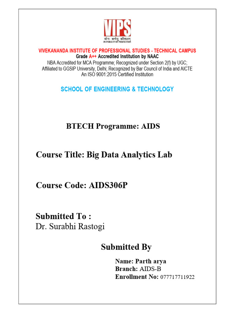 Course Title: Big Data Analytics Lab: BTECH Programme: AIDS | PDF