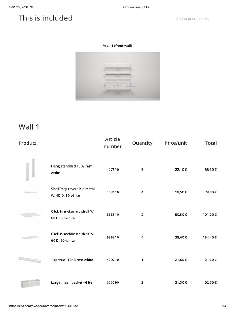 Bill of Material - Elfa | PDF
