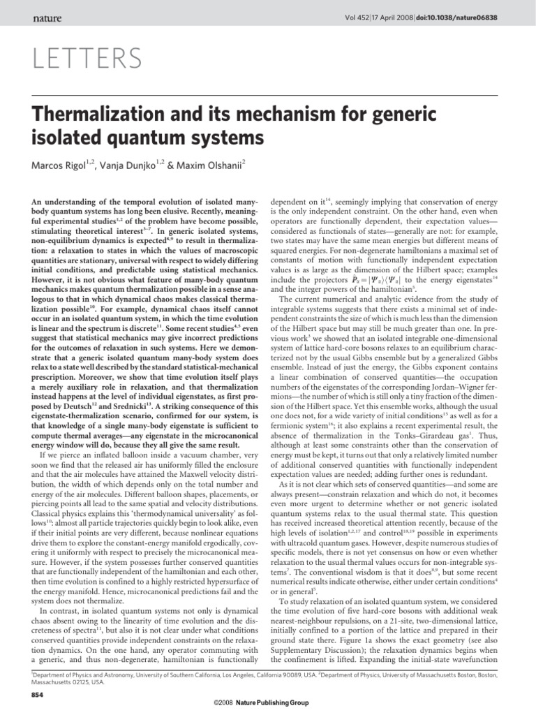 Letters: Thermalization and Its Mechanism For Generic Isolated Quantum Systems | PDF | Quantum ...