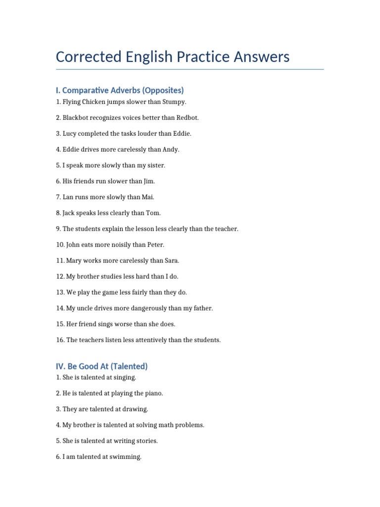 Corrected English Practice Part I and IV | PDF