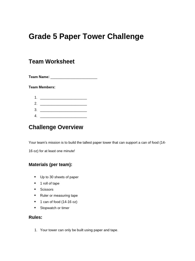 Grade 5 Paper Tower Challenge Worksheet | PDF | Chess Theory | Chess