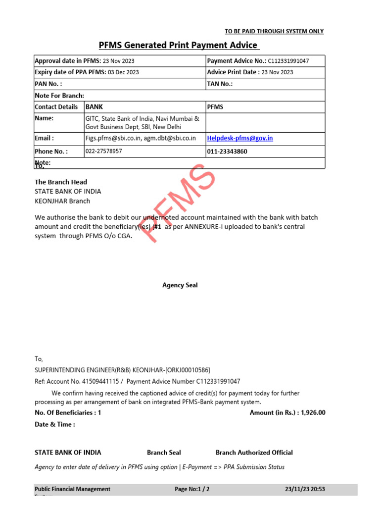 PFMS Payment Advice C112331991047 | PDF | Money | Banking Technology