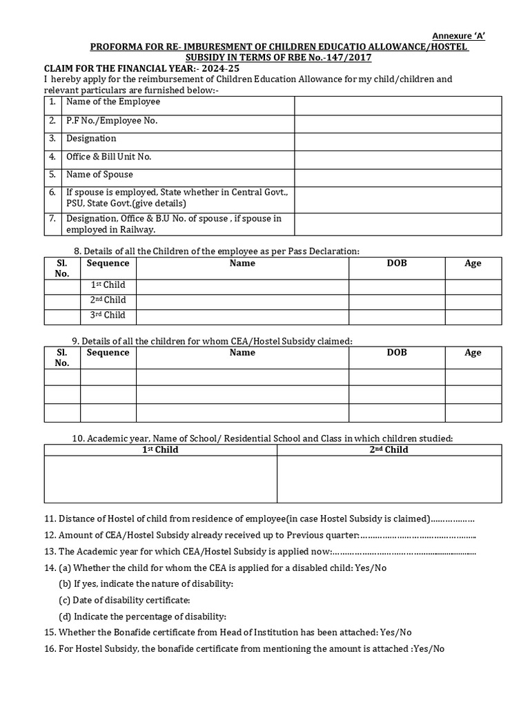 CEA Reimbursement Form 2024-25 | PDF