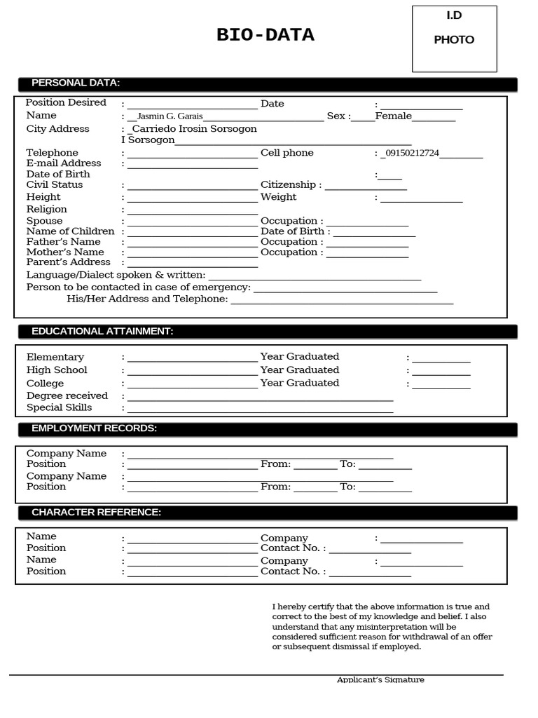 Filipino Bio-Data Form Template | PDF