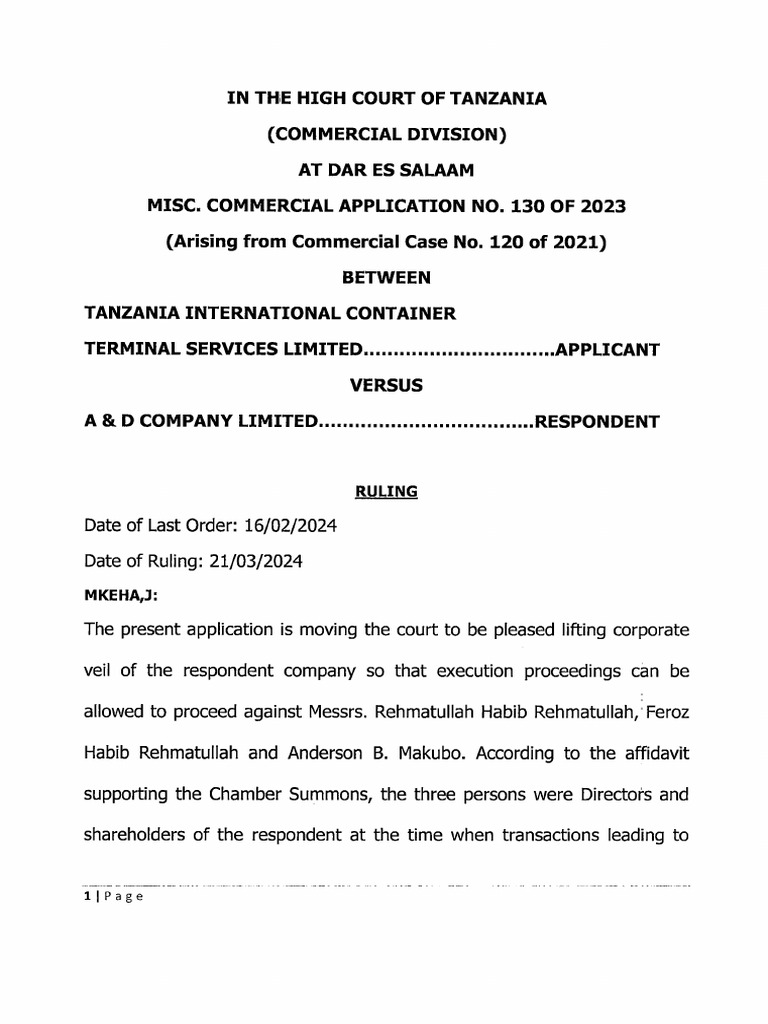 Lifting Corporate Veil in Tanzania Case | PDF | Liquidation | Affidavit