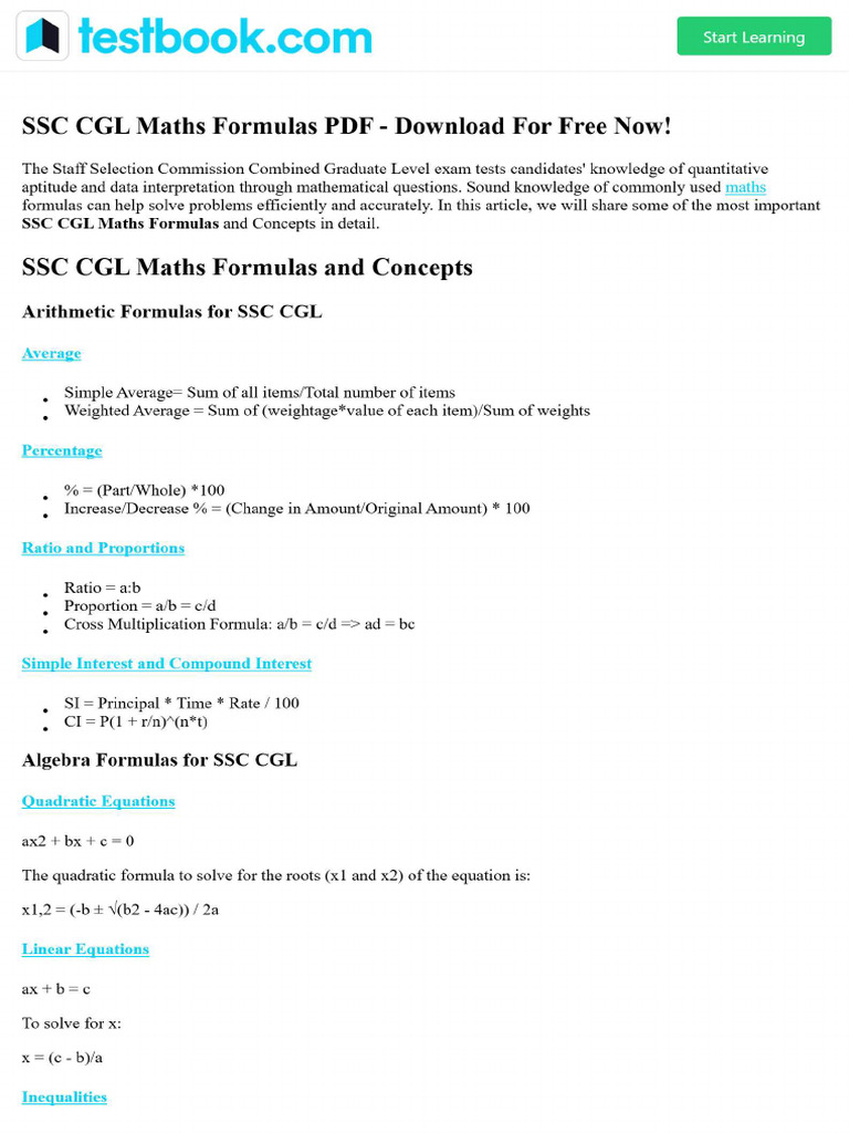 SSC CGL Maths Formulas PDF - Download for Free Now! | PDF