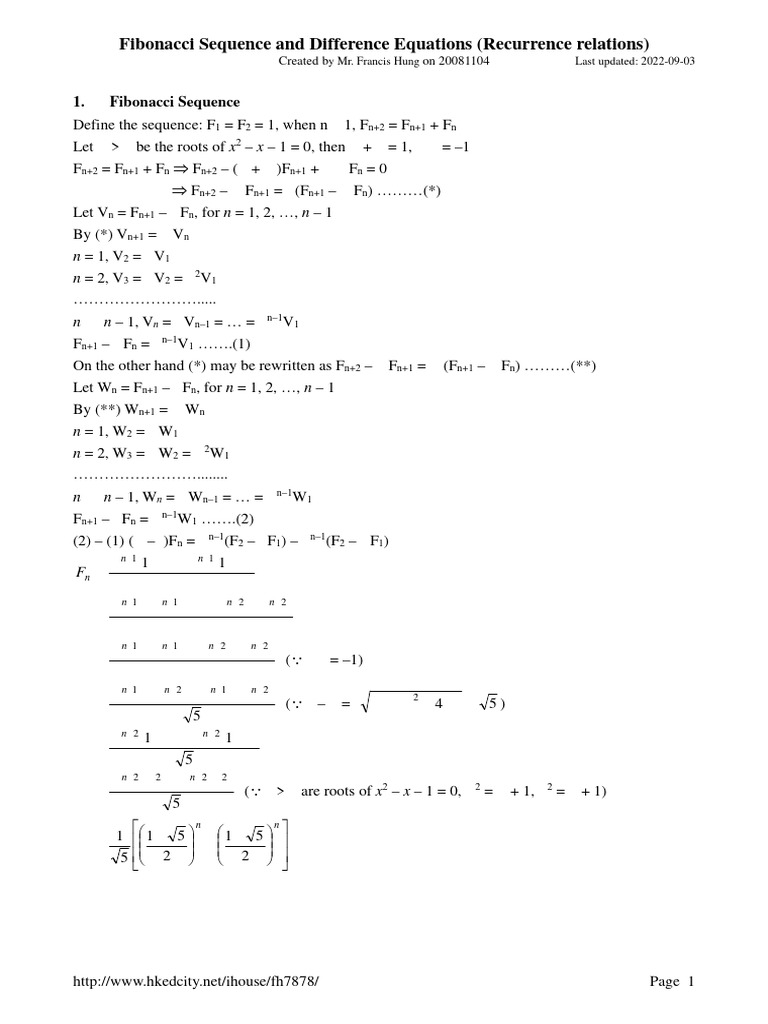Fibonacci Sequence Difference Equation | PDF | Recurrence Relation | Mathematical Objects