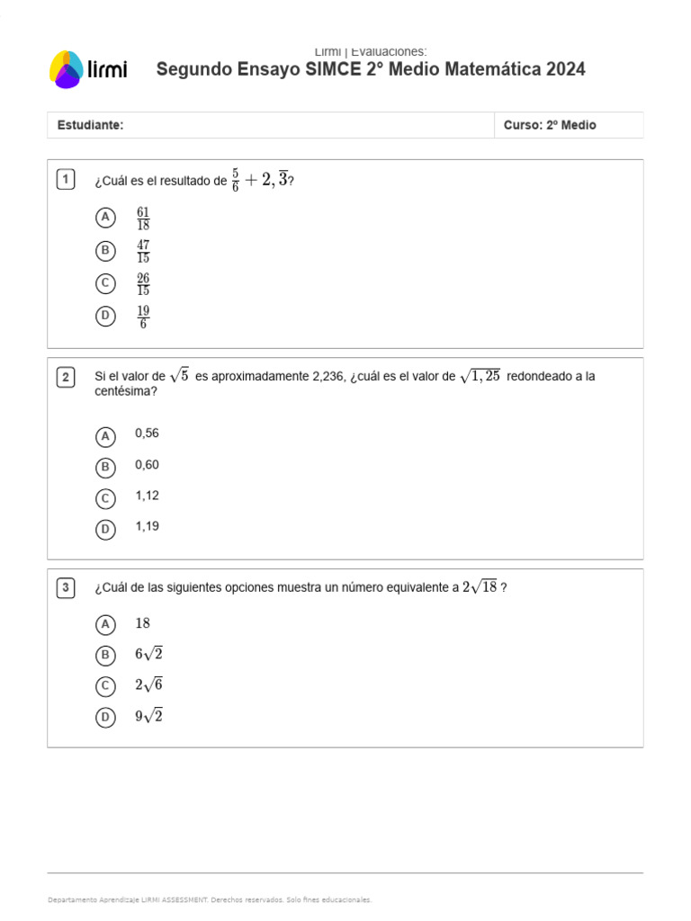 Segundo Ensayo Simce 2 Medio Matematica 2024 5593872 | PDF