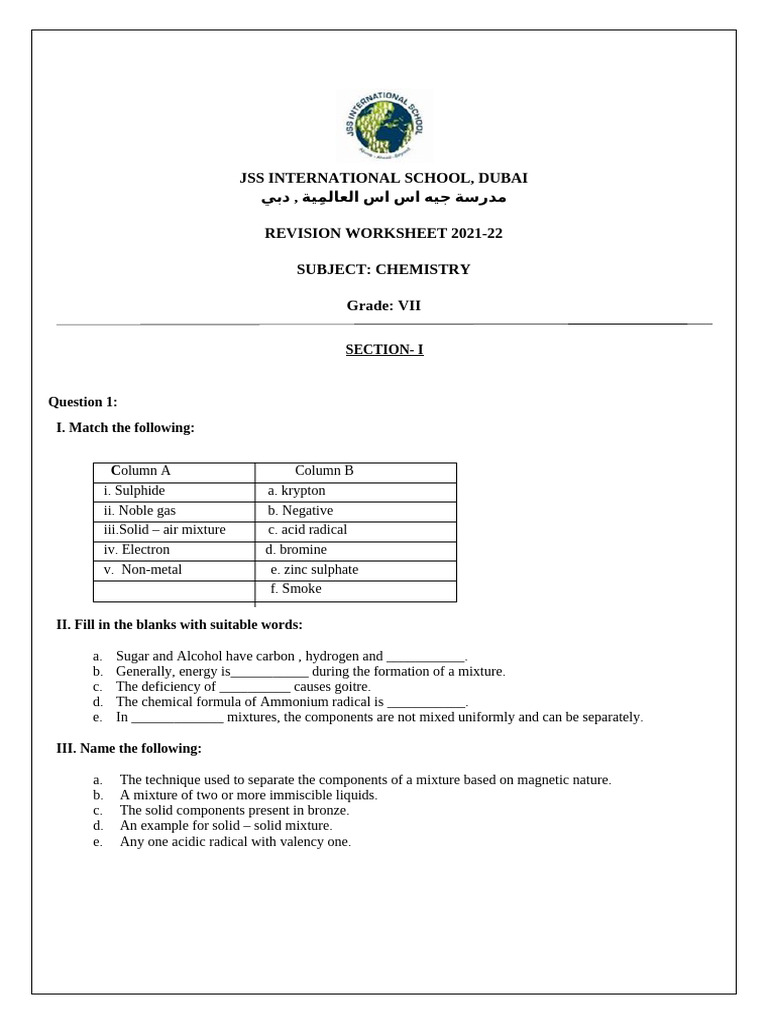 Grade 7 Revision Worksheet - Chemistry Term 3 | PDF | Iron | Chemical ...