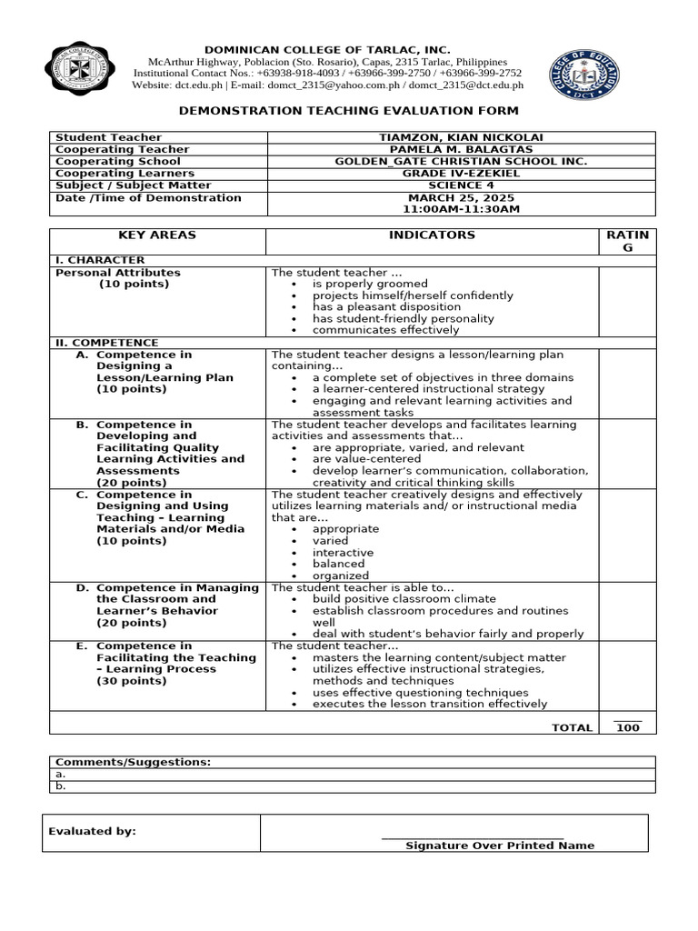 Demonstration Teaching Evaluation Form | PDF | Teachers | Learning