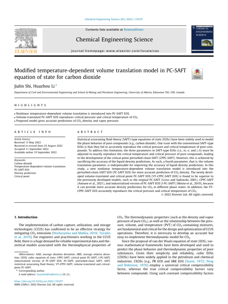 2022 Modified Temperature-Dependent Volume Translation Model in PC-SAFT | PDF | Density | Liquids