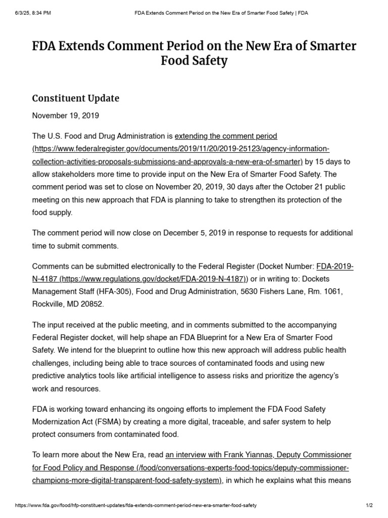 FDA Extends Comment Period On The New Era of Smarter Food Safety | PDF ...