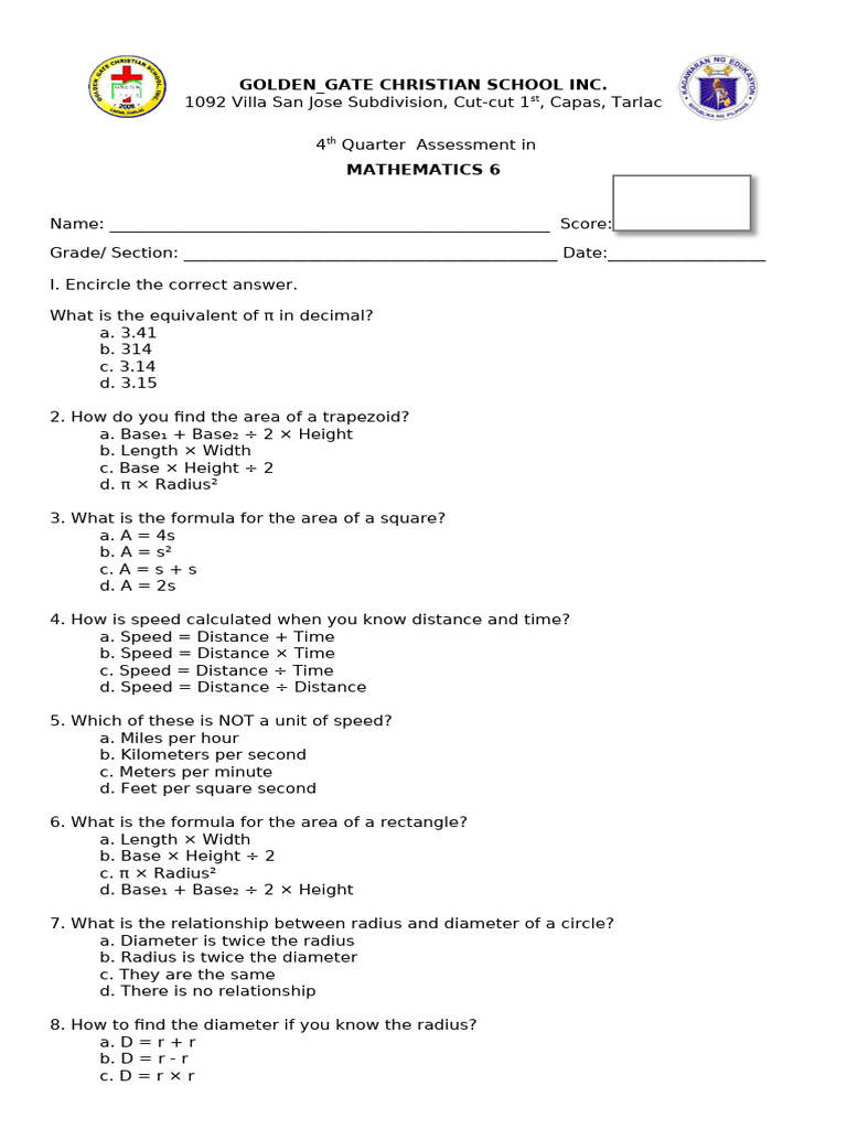 Grade 6 4th Quarter Assessment | PDF | Area | Length