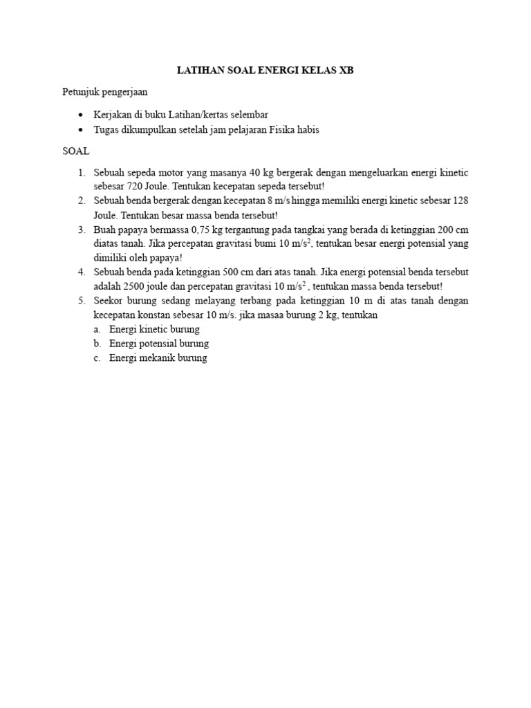 Latihan Soal Energi Kelas XB | PDF