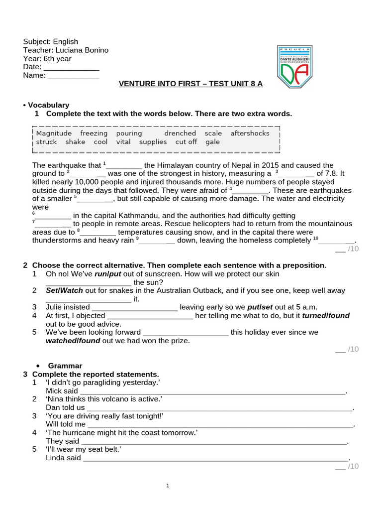 Venture First Schools Unit Test 8a | PDF