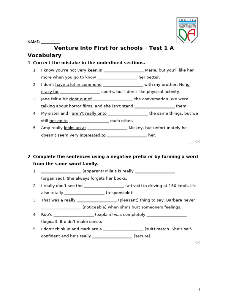 Venture First Schools Unit Test 1a | PDF | Grammar | Linguistics