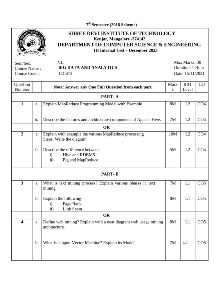18CS72-Big Data and Analytics 3rd Internal QP 7th Semester - Scheme of Evaluation | PDF | Apache ...