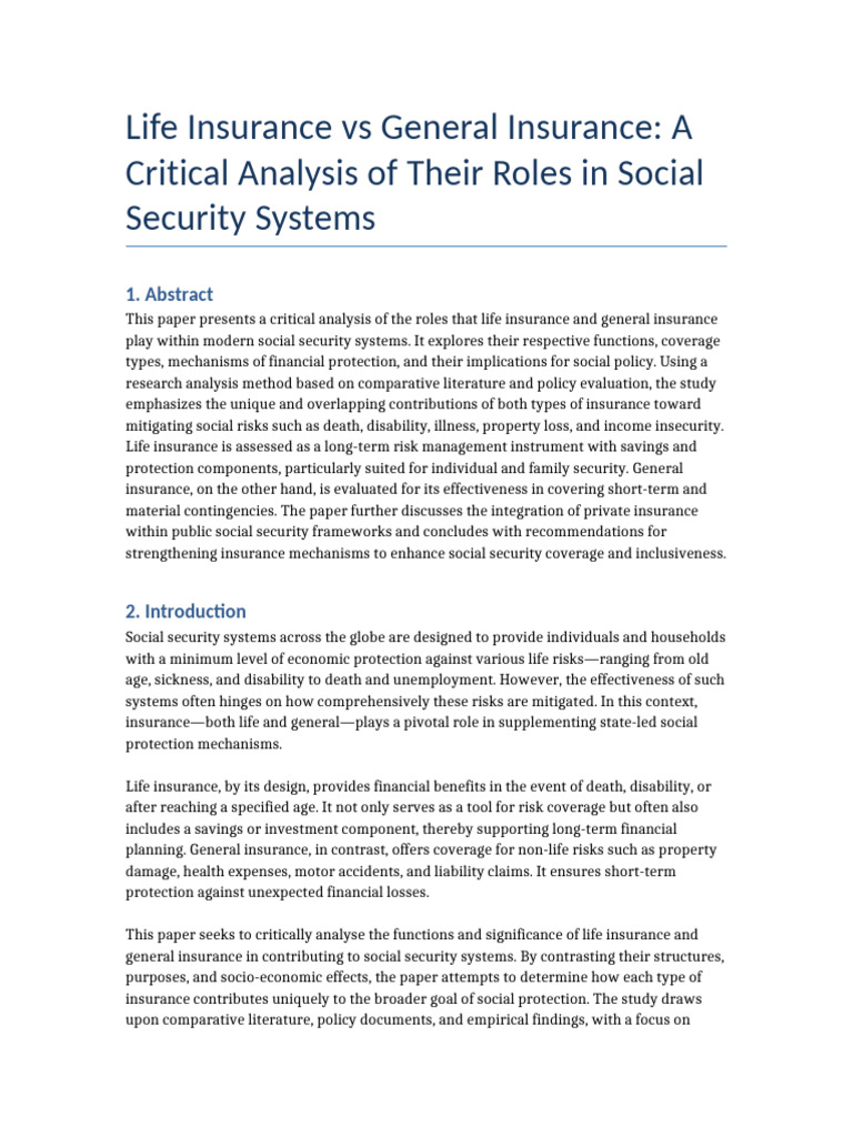 Life Vs General Insurance Social Security Analysis | PDF | Insurance | Risk