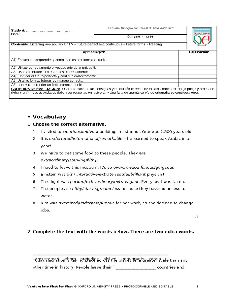 Venture First Schools Unit Test 6a | PDF | Grammar | Linguistics