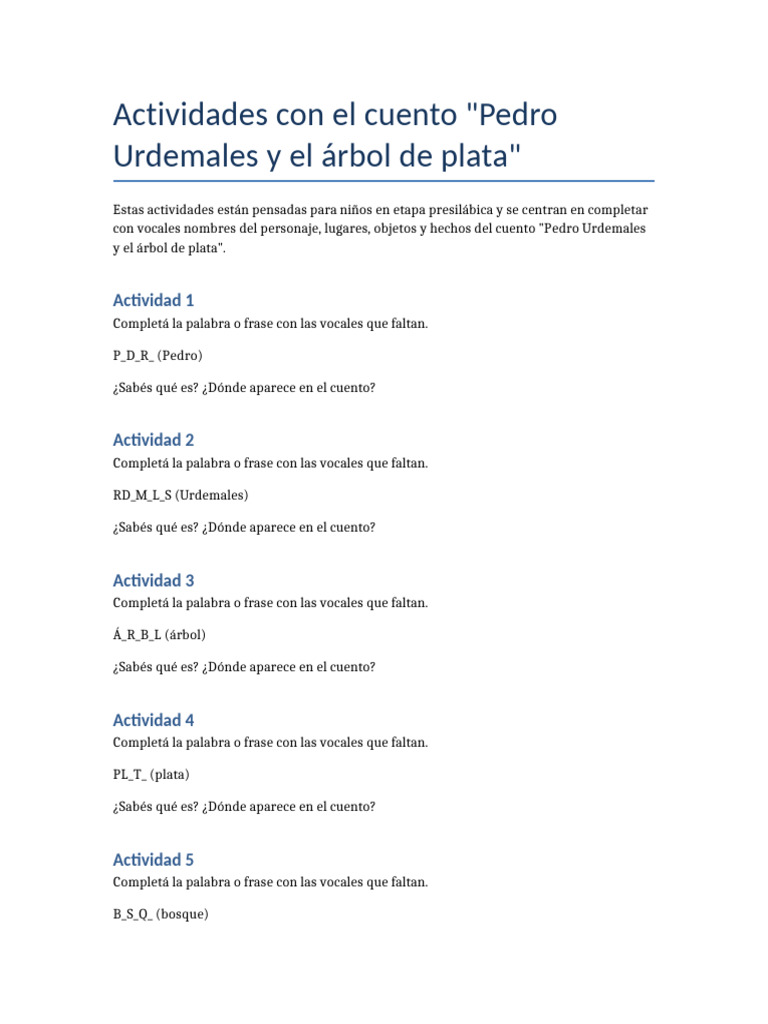 Actividades de vocales: Pedro Urdemales | PDF