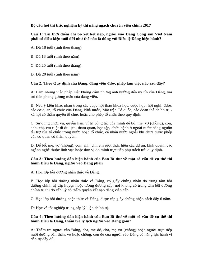 Bo Cau Ho I Thi Tra C Nghie M Ky Thi Nang Ngach Chuyen Vien Chinh 2017 | PDF