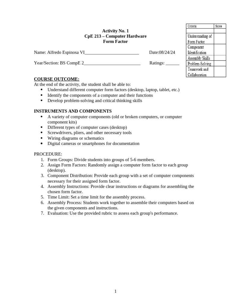 Activity 1- Cpe 213 Espinosa, Alfredo VI | PDF | Personal Computers | Laptop