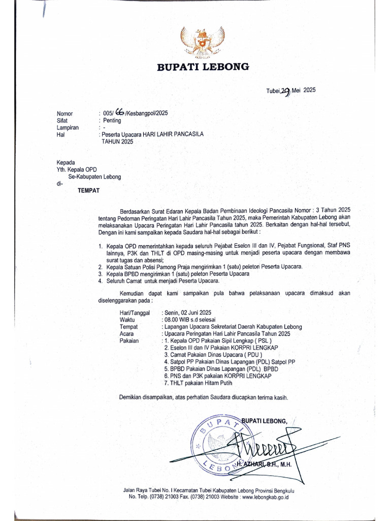 Surat Peserta Upacara Harlah Pancasila 2025 | PDF