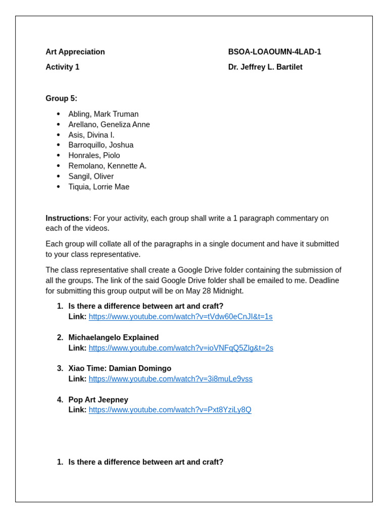 Activity 1 GROUP 5 BSOA 4LAD 1 Art Appreciation 2 | PDF | Philippines | The Arts
