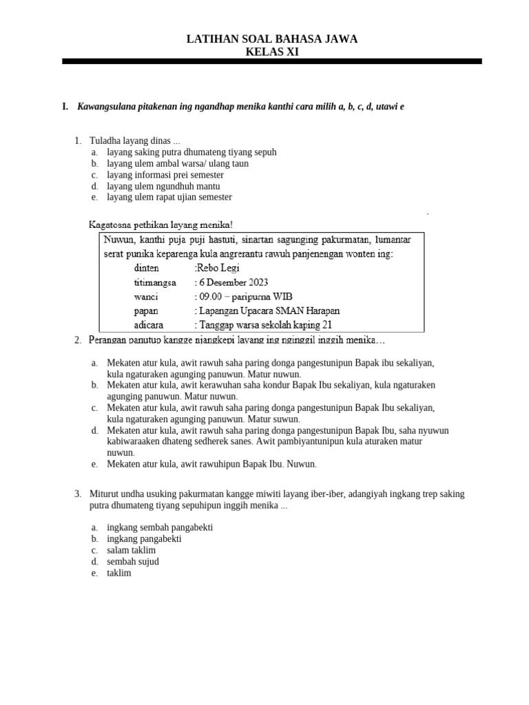 Latihan Soal Bahasa Jawa Kelas Xi 2025 | PDF