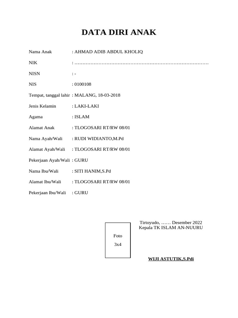 Data Diri Anak | PDF