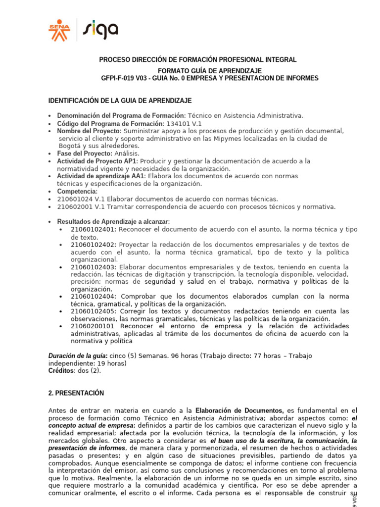 Gfpi-F-019 - Guia - de - Aprendizaje No. 0 - Empresa y Presentación de Informes (1) | PDF ...