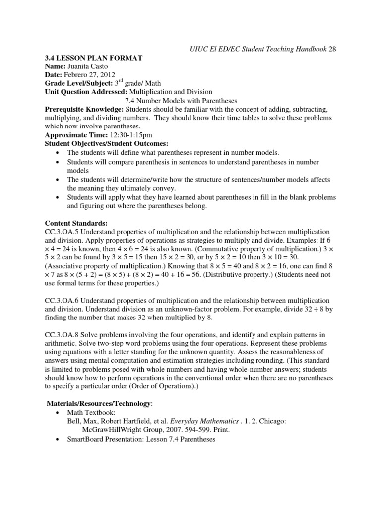Math Lesson Plans: 7.4 Parentheses | PDF | Multiplication | Bracket