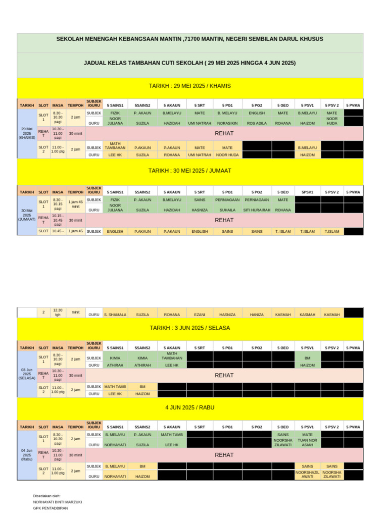 Jadual Kelas Tambahan Cuti Sekolah 2025 | PDF
