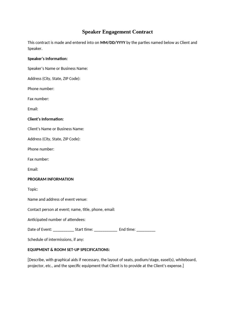 Speaker Engagement Contract Template | PDF
