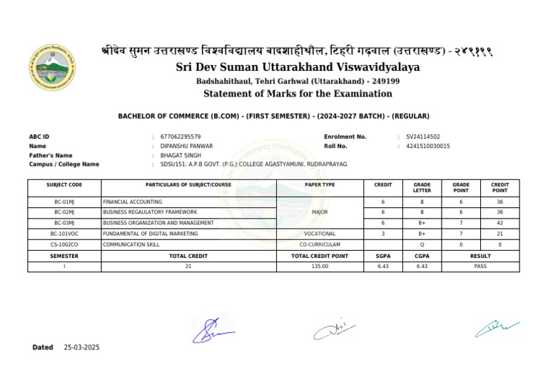 Bachelor of Commerce BCOM 1st Sem Result | PDF