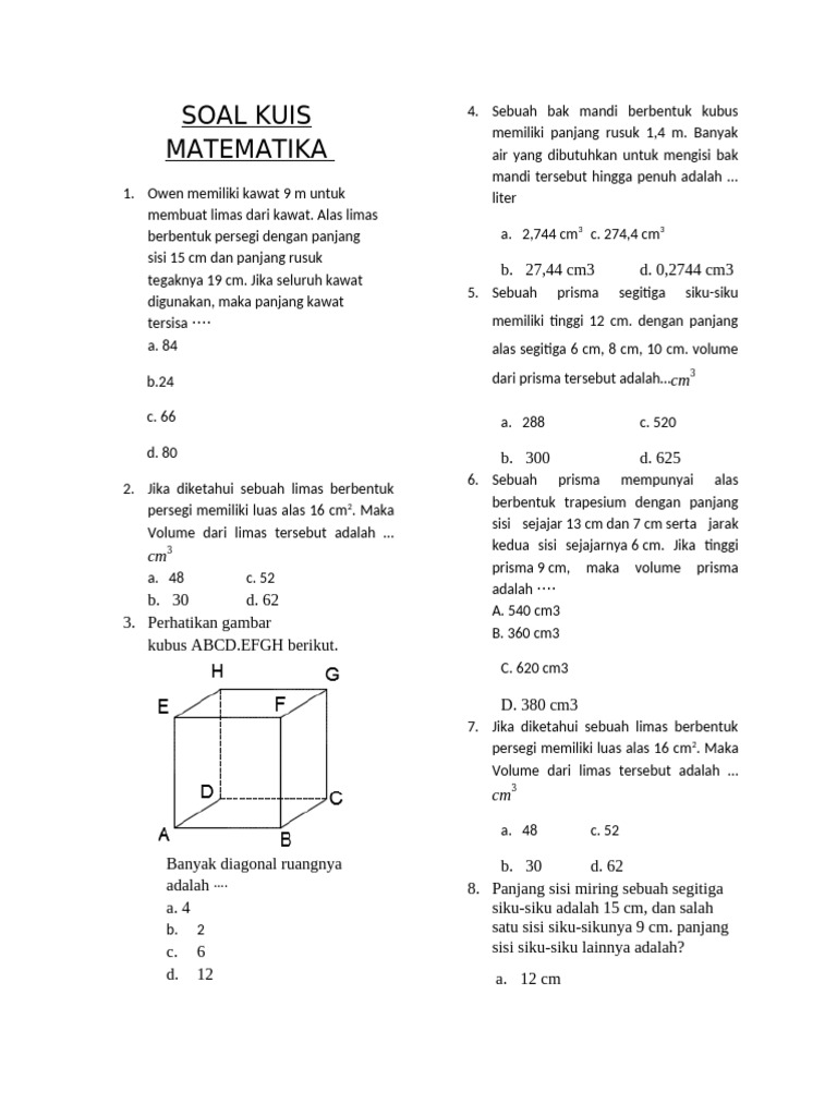 Soal Kuis Matematika Kelas 8 | PDF