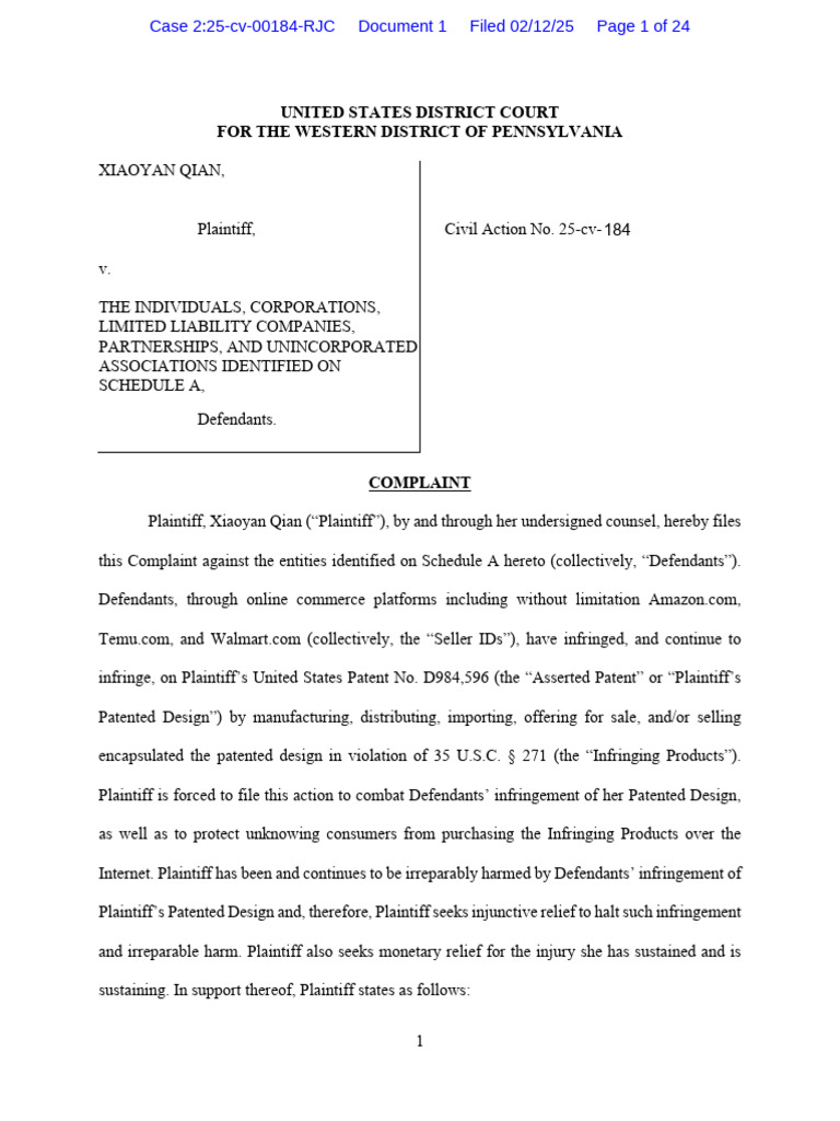 QIAN v. AiYaYa - Complaint | PDF | Injunction | Damages