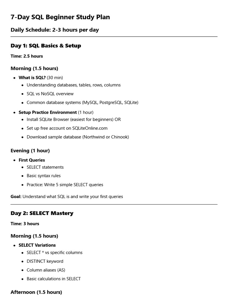 7-Day SQL Beginner Study Plan | PDF | Sql | Databases