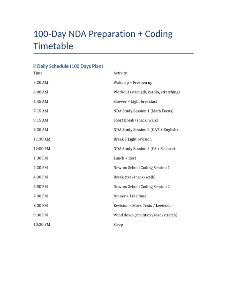 NDA Coding 100 Day Timetable | PDF