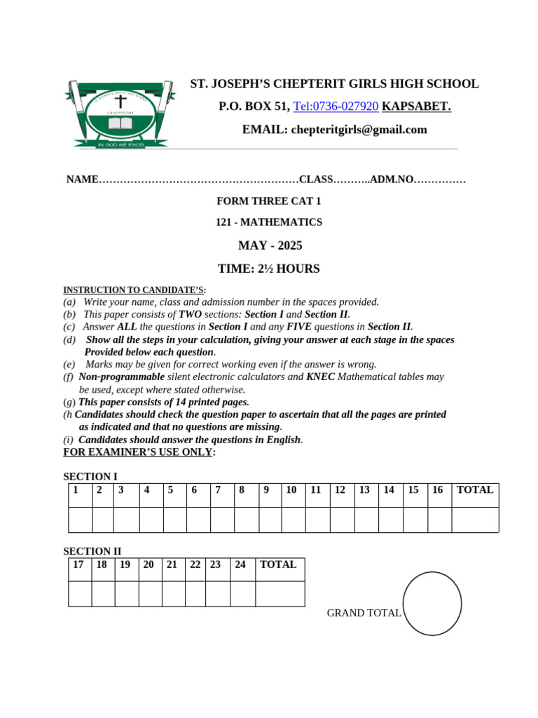 Corrected Maths CAT1 Form3 | PDF | Area | Tax Rate