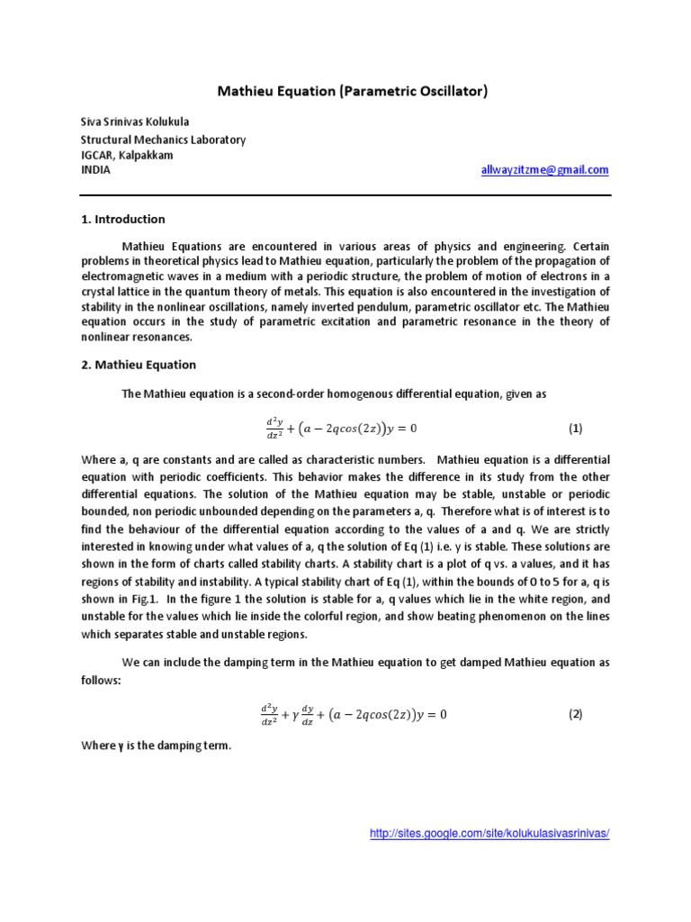 Mathieu Equation (Parametric Oscillator) | Download Free PDF ...