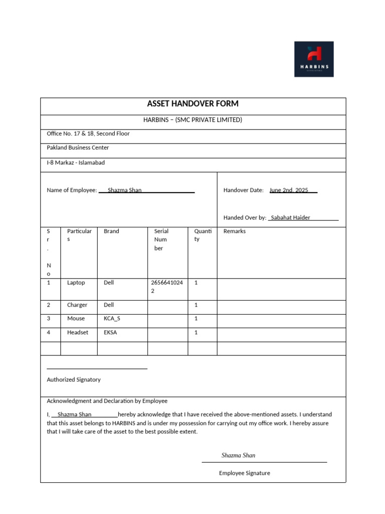 Asset Handover Form | PDF