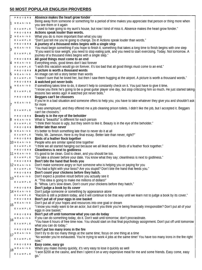 50 Popular English Proverbs Explained | PDF