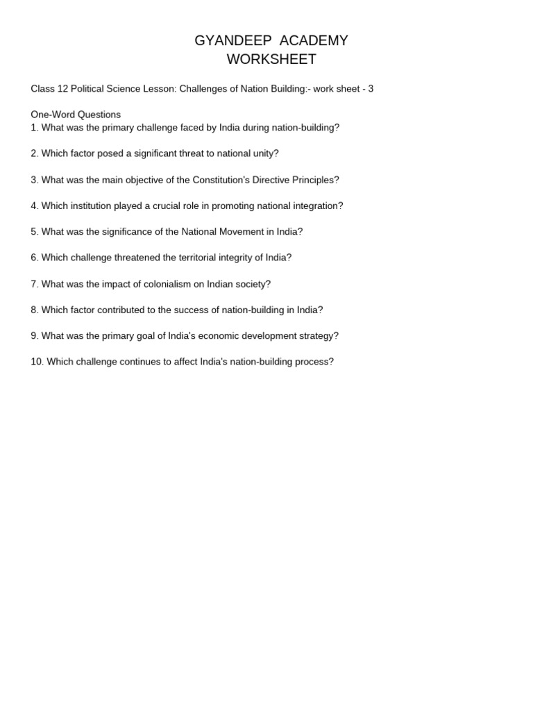 Class 12 Political Science Worksheet | PDF