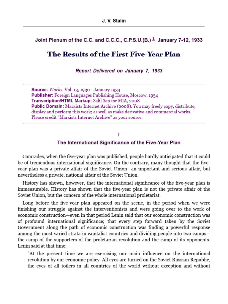 The Results of The First Five-Year Plan | PDF | Soviet Union | World ...