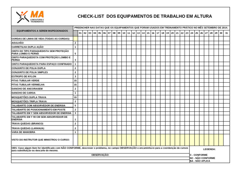 Check-list Equipamentos Trabalho Altura | PDF